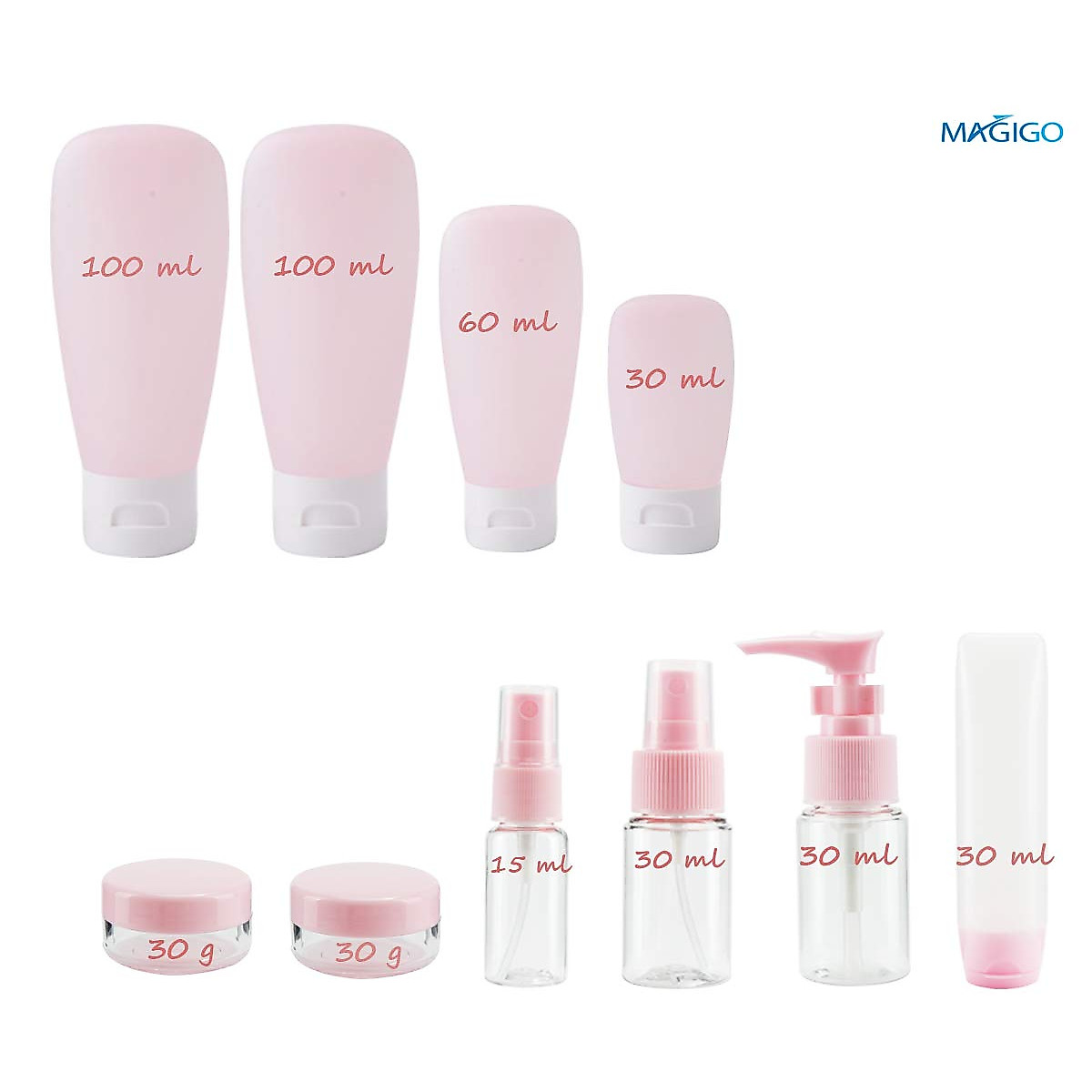 MAGIGO Pink Toiletries Leak Proof Travel Bottle Set (16 Pack), TSA Approved Airline Carry-On with Clear Bags for Women
