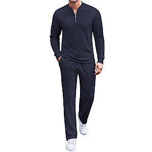 COOFANDY Men's Tracksuit 2 Piece Set Quarter Zip Polo Sweatsuit Athletic Long Sleeve Casual Sports Outfits Running Blue