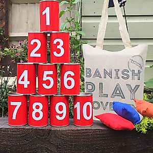 Garden Games Tin Can Alley - 10 Real Metal Tin Cans with Safe, Soft Throwing Bags