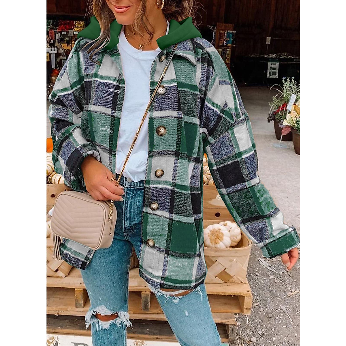 SHEWIN Womens Casual Plaid Hooded Flannel Shacket Jacket Hoodie Fall Winter Long Sleeve Oversized Button-Down Boyfriend Shirts Tops,US 18-20(2XL),Green