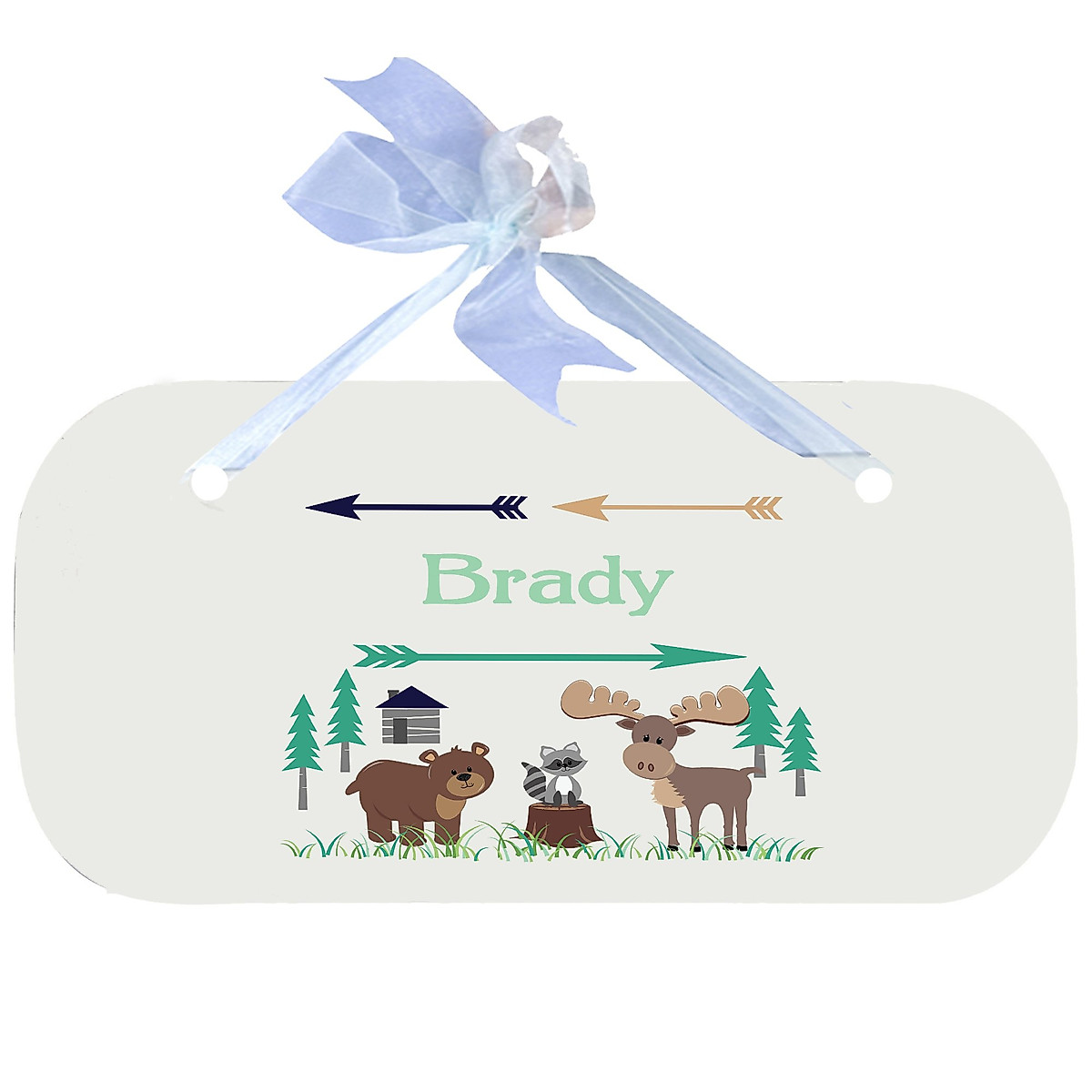 MyBambino Personalized North Woodland Animals Nursery Door Hanger Room Sign Wall Plaque with Blue Ribbon