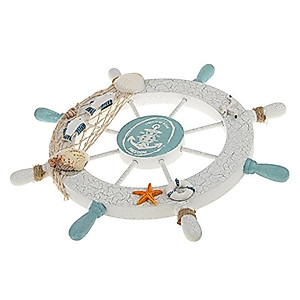 Rienar Nautical Beach Wooden Boat Ship Steering Wheel Fishing Net Shell Home Wall Decor White - Fish