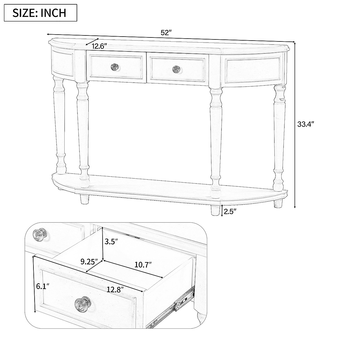 Royard Oaktree 52" Curved Console Table Retro Wood Entryway Table with 2 Drawers and Storage Shelf Accent Sofa Table for Living Room Foyer Entryway Hallway, Espresso