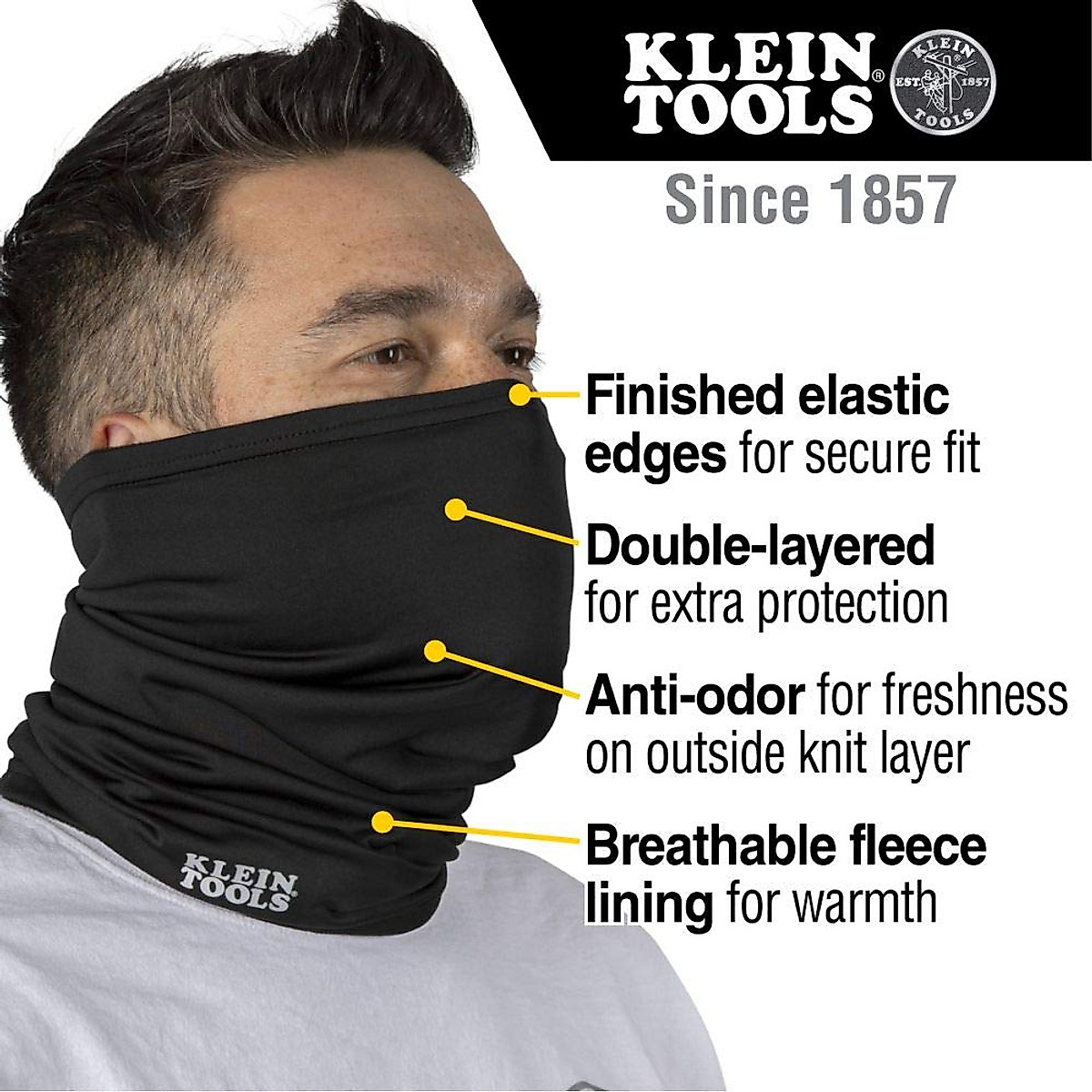 Klein Tools 60455 Neck and Face Warming Band, Gaiter/Balaclava Made of Breathable Fleece Fabric for Warmth, Black