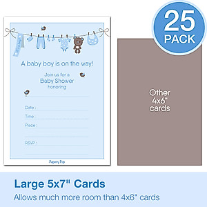 Set of 25 Baby Shower Invitations for Boy with Envelopes, Diaper Raffle Tickets and Baby Shower Book Request Cards