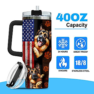 99OWL Patriotic Brown Engraved Best Funny For Adults Women Coffee Cups Cute Worlds Handle, Dog Mom Gifts, Tumbler 40 Oz With Handle Lid And Straw, German Shepherd American