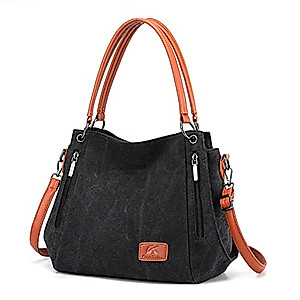 Women's Canvas Vintage Shoulder Bag Hobo Daily Purse Large Tote Top Handle Shopper Handbag (Black)