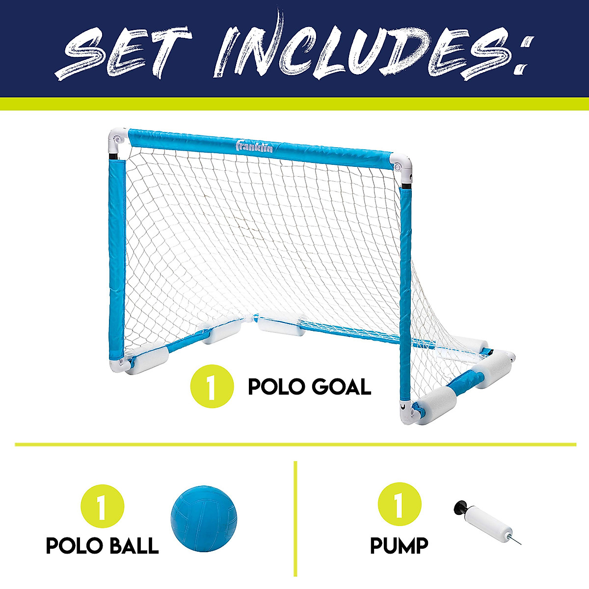 Franklin Sports Water Polo Goal Set - Floating Goal - Pool Water Polo Net + Inflatable Water Polo Ball - Large 40" x 30" Goal - Fun Pool Game Set for Kids