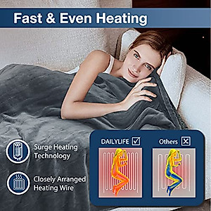 DAILYLIFE Electric Blanket, Heated Throw 50"x60", Cozy Soft Flannel & Sherpa, UL Certified, Fast Heating, 10 Heating Settings, Auto Shut Off, Machine Washable, Gray