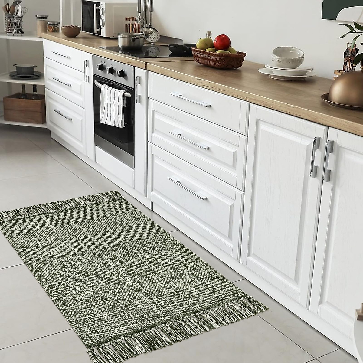 Collive Small Bathroom Rug, 2' x 3' Hand-Woven Low Profile Front Entryway Rug, Olive Green/Cream Cotton Reversible Washable Kitchen Mat Modern Farmhouse Carpet for Foyer Bedroom Back Door Decor