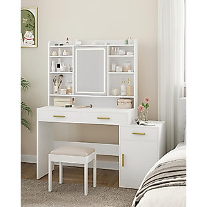 HILINSIE Large Vanity Desk with Light Mirror, Makeup Vanity Dressing Table with 3 Drawers, Adjustable Shelves, Storage Cabinet, Bedroom Vanity Table for Women‘s Day (White)