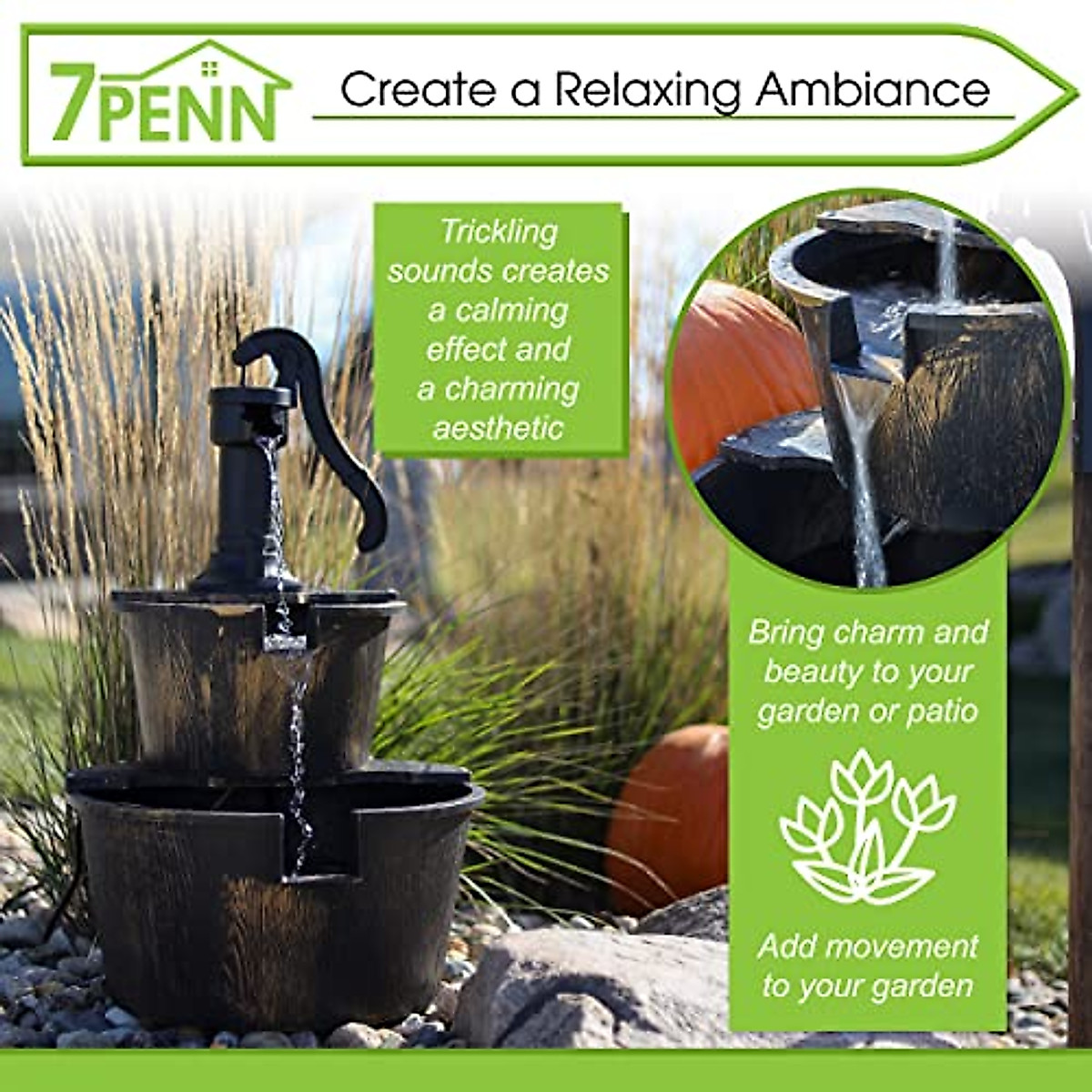 7Penn Patio Water Fountains Outdoor Waterfall Unit - Electric Pump 2 Tier Garden Fountain Outdoor Water Feature