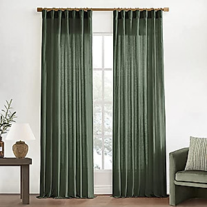 Olive Green Linen Curtains for Living Room 2 Panels Set 84 Inch Length,Back Tab Hooks Long Window Treatments Curtain Drapes,Light Filtering Semi Sheer Boho Curtains for Bedroom Aesthetic Neutral Decor