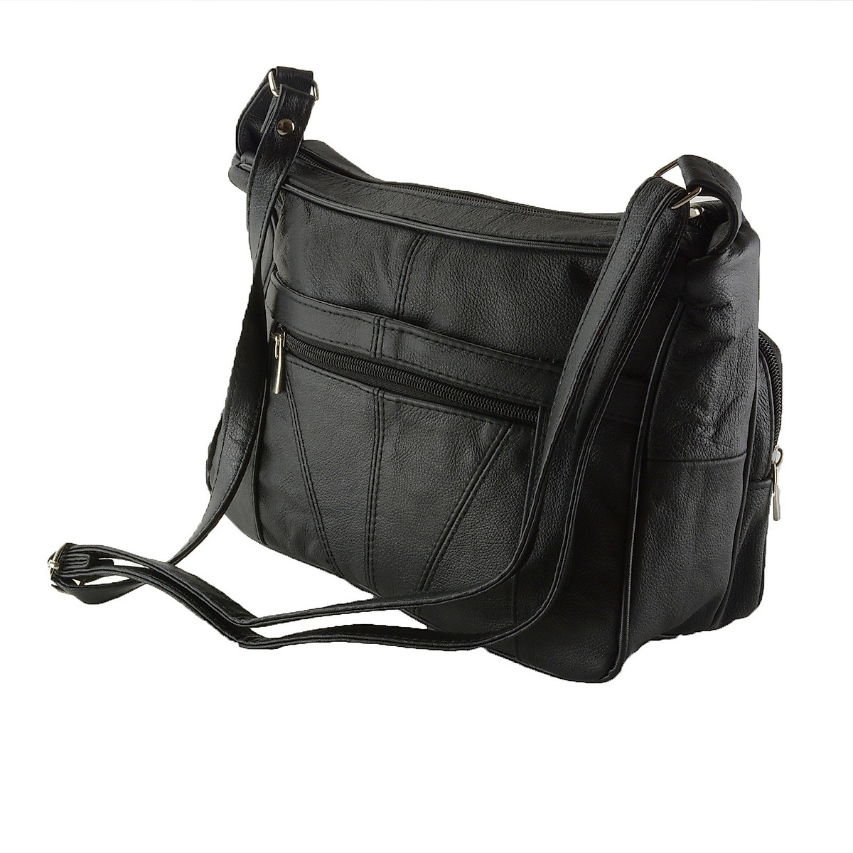 Women's Leather Organizer Purse Shoulder Bag Multiple Pockets Cross Body Handbag (Black) Regular