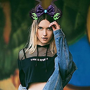RAZKO Maleficent Horns Minnie Ears Headband, Sequin Halloween Mickey Ears Headband Mouse ears Headband for Women Girls Hair Accessories, Pick Your Color(Flaming Maleficent)