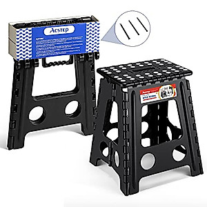 ACSTEP Folding Step Stool 16 Inch Stool Heavy Duty Plastic Foldable Step Stools for Adults and Kids, Stepping Stool with Handle, Folding Stool Suitable for Kitchen Hold Up to 400lbs (Black 1PC)