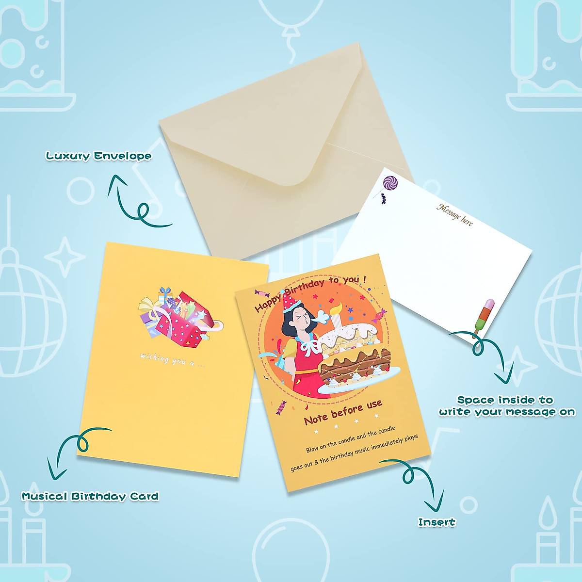 3D Musical Birthday Card, Blowable LED Light Candle 3D Birthday Popup Cards with Music, Blow Out Led Light Candle, and Play Happy Birthday Music for Kids Men and Women