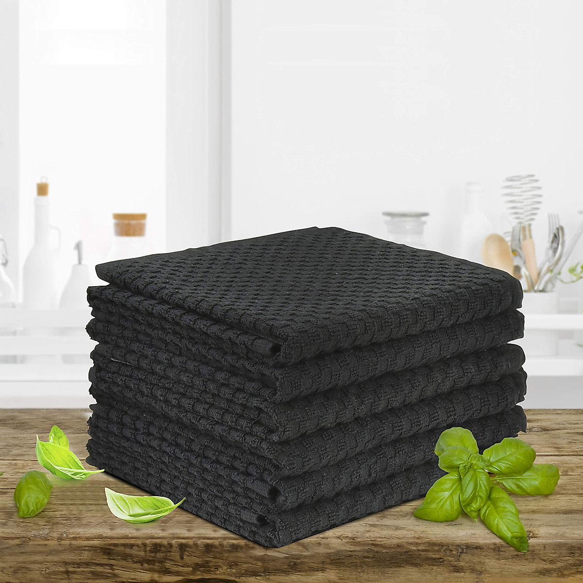 TALVANIA Kitchen Towels 100% Cotton Dobby Weave Terry Towel Set, 15" X 25", 6 Pack Soft and Absorbent Multipurpose Dish Cloth, Hand Towel and All Kitchen Cleaning Machine Washable (Black)