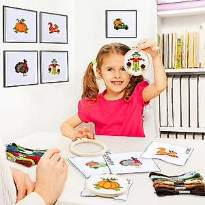 ZOIIWA 6PCS Fall Cross Stitch Kits for Beginners Autumn DIY Embroidery Kit for Kids Adults Fall Thanksgiving Gift Turkey Pumpkin Maple Leaf Truck Squirrel Scarecrow Craft Needlepoint Starter Supplies