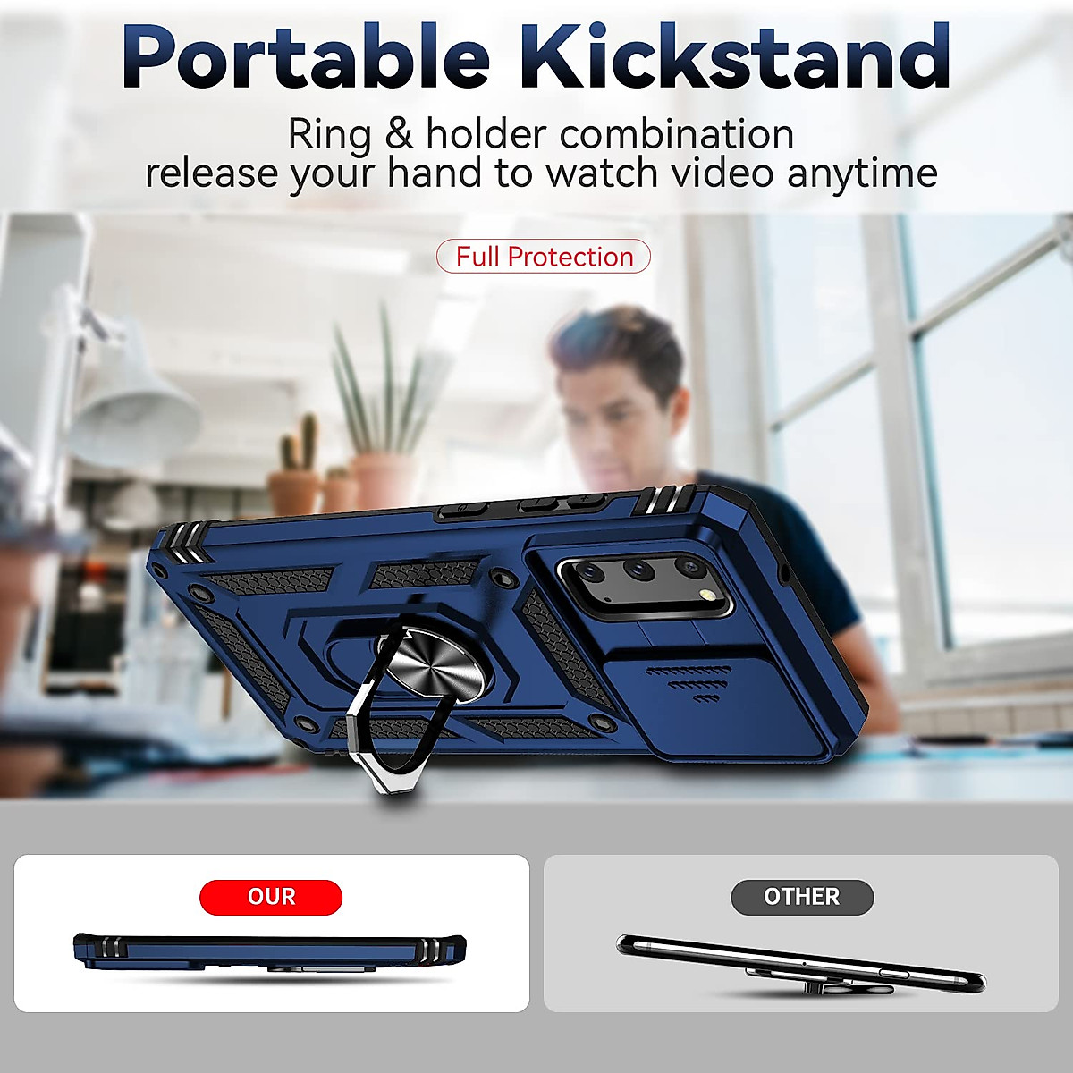 AYMECL for S20 Phone Case,Galaxy S20 Case with 2 Pcs Self-Healing Film,Slide Camera Cover Protective Case with Magnetic Ring Kickstand for Samsung Galaxy S20 5G,Blue