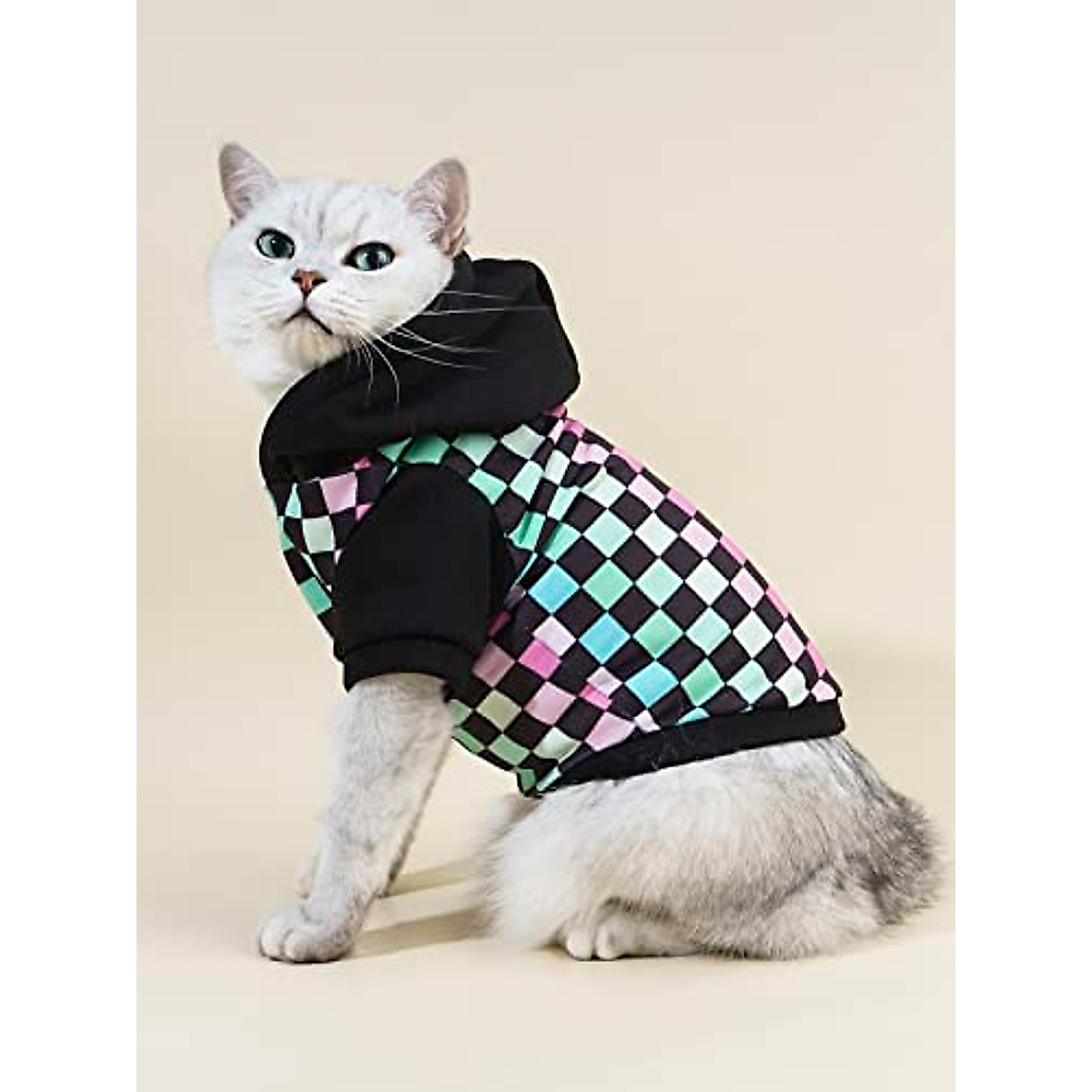 QWINEE Dog Hoodie Pet Clothes Checkered Cold Weather Clothes Winter Sweatshirt for Cat Puppy Small Medium Dogs Kitten Multicolor L