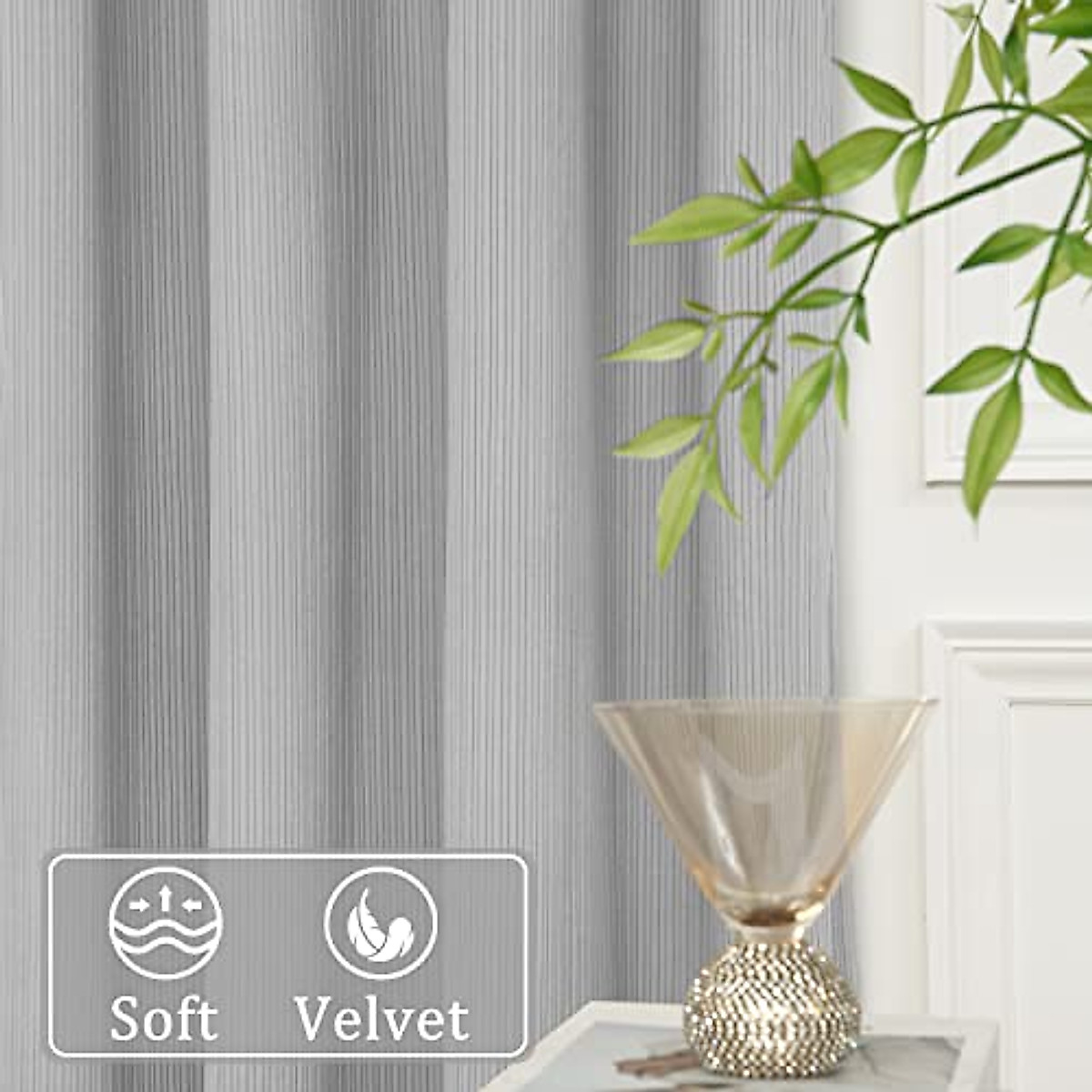Grey Velvet Blackout Curtains for Bedroom 84inch Length Striped Corduroy Curtain Panels for Living Room Bedroom Grommet Top Room Darkening Curtains 52" W 2 Panels