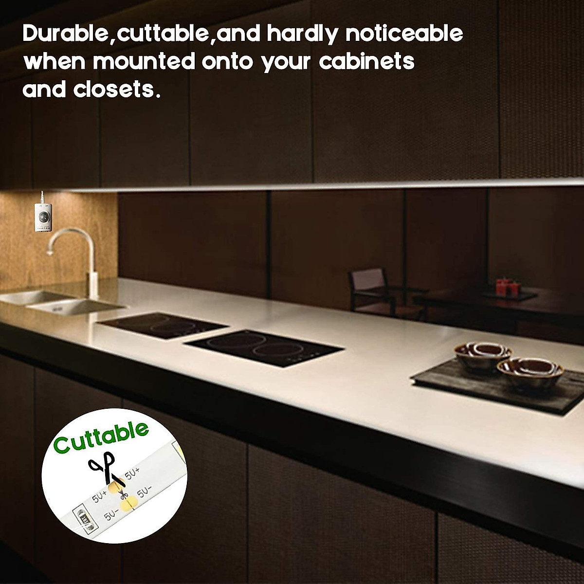 Amagle LED Motion Sensor Strip Closet Light USB Rechargeable Dual Mode PIR Activated Under Bed Counter Cabinet Lighting Staircase Stair Night Lights for Indoor Bedroom Kitchen Hallway White 3.2FT