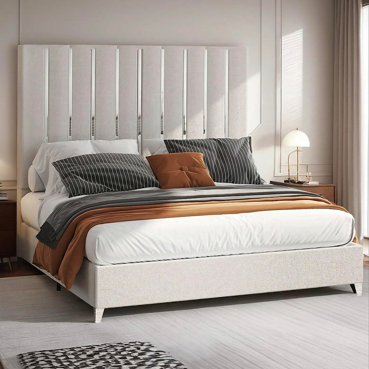 Jocisland King Bed Frame with 58" Tall Headboard, Velvet Upholstered Platform Bed Frame with Silver Plating Trim, Sturdy Bed No Box Spring Needed, Cream