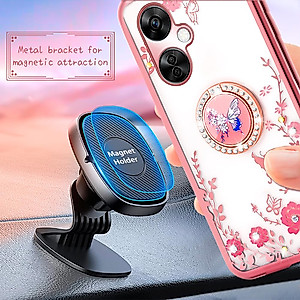 nancheng for OnePlus N30 5G Phone Case, Case for OnePlus Nord N30 5G (6.72-inch) Cute Soft Silicone Pink Cover for Girls Women with Diamond Ring Kickstand Shockproof Protection Case - Rose Butterfly