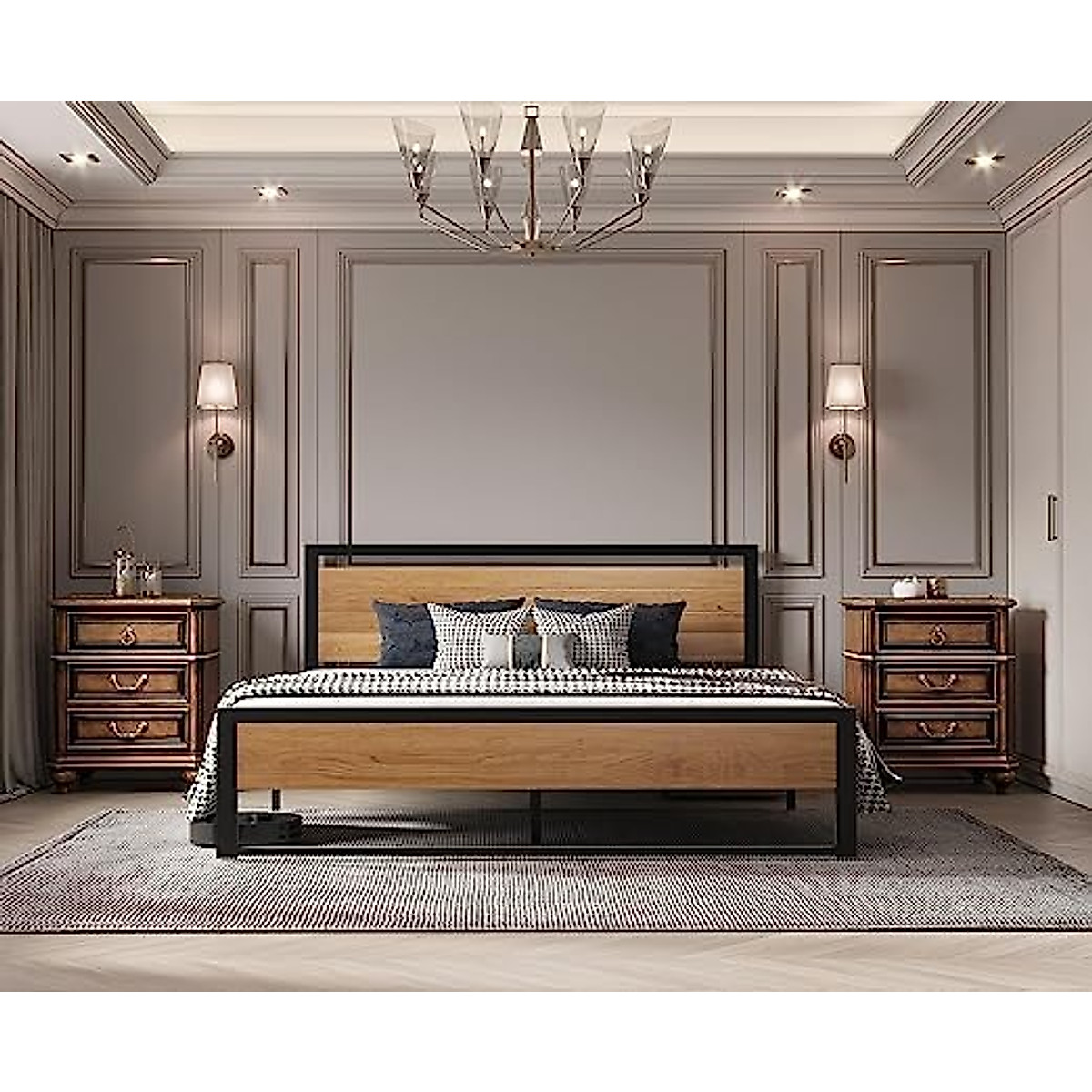 BONSOIR Queen Size Bed Frame Steady Steel Platform with Wood Headboard/Footboard (Queen Size)