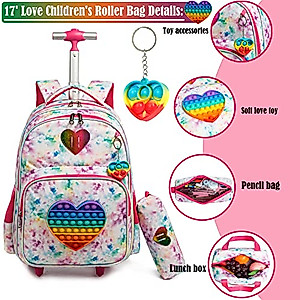 Egchescebo School Bags Kids Rolling Love Backpack for Girls Luggage Suitcase With Wheels Trolley Wheeled Backpacks for Girls Travel Bags 17' 3PCS Toy With Lunch Box Red