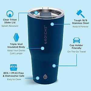 GROSCHE Yukon 30 oz Insulated Coffee Mug with Lid - Durable Travel Mug, Stainless Steel Tumblers, Vacuum Insulated Coffee Tumbler for Hot or Cold Beverages - BLUE