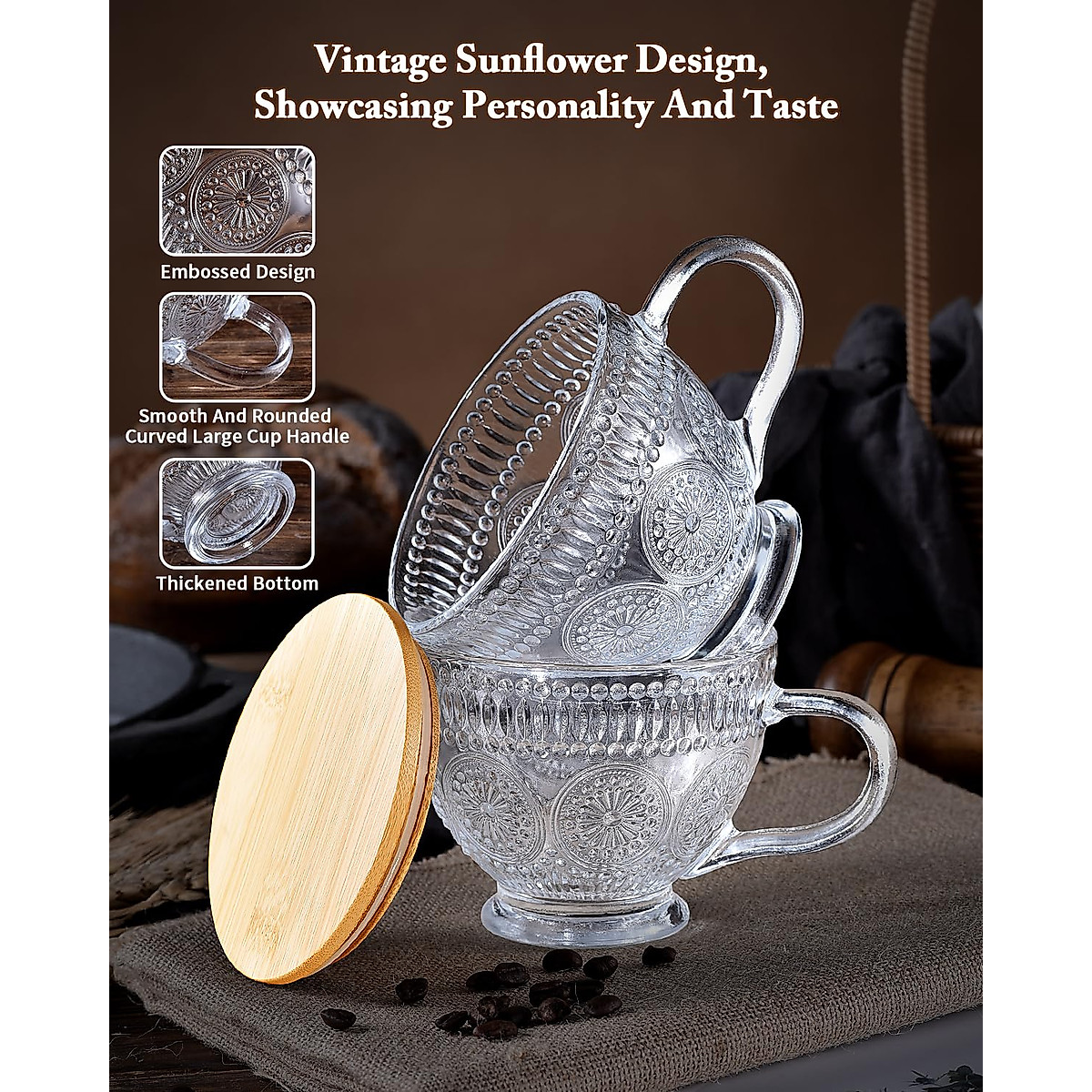 AJARAERA Glass Vintage Coffee Mugs Set of 6,16oz Glass Mugs, Clear Coffee Cups, Water Glasses, Drinking Glasses, Vintage Glass Coffee Mug Set for Holiday, Aesthetic Gift for Family