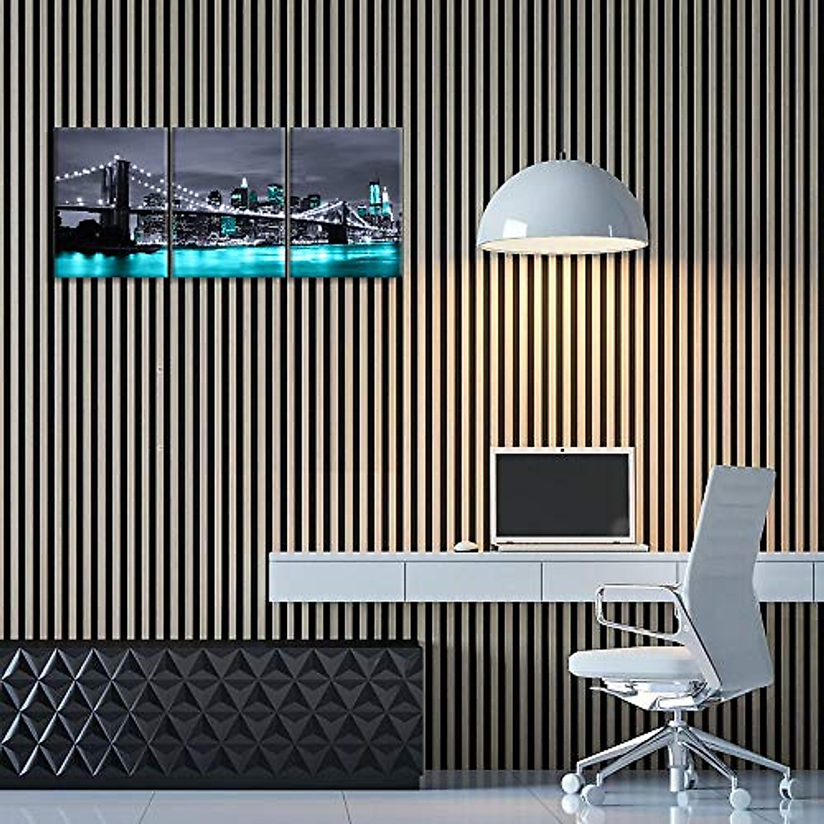 Visual Art Decor Black White and Teal Blue New York Brooklyn Bridge Cityscape Night Building Skyline Picture Canvas Prints Wall Art for Modern Home Office Bedroom Decoration