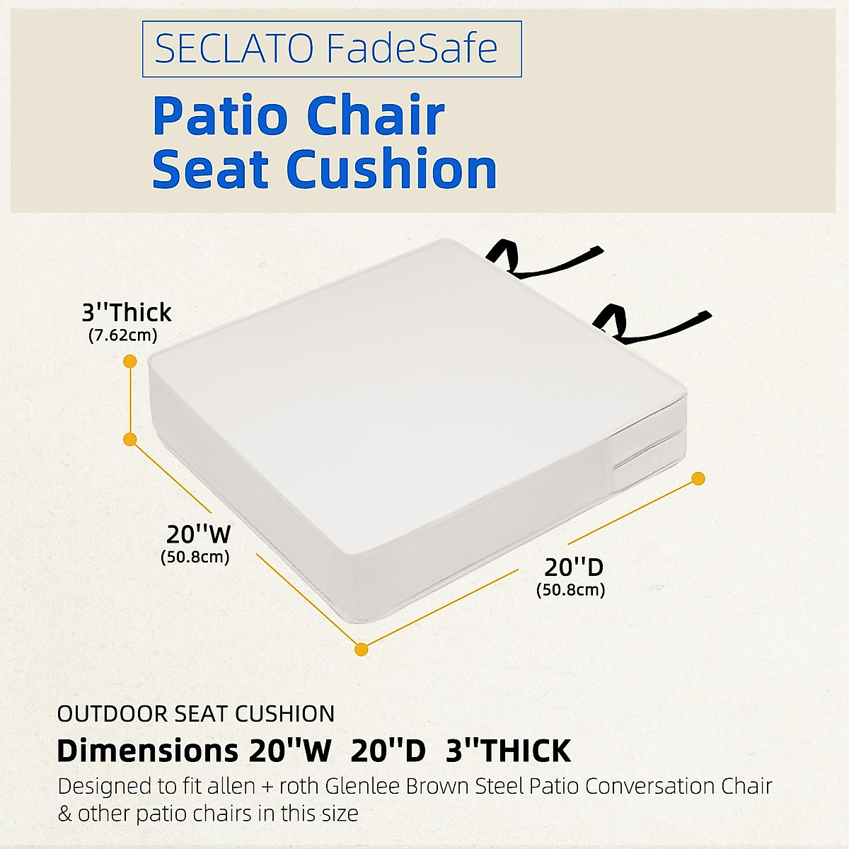 SECLATO Patio Chair Cushion 20"x20" Waterproof Outdoor Seat Cushions for Patio Furniture Garden Sofa Couch Chair Cushions with Handle and Adjustable Straps, 2 Pack, Light Grey