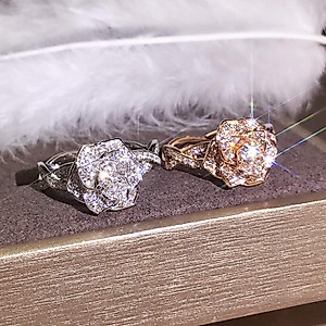 JESMING 3D Rose Ring CZ Simulated Diamond Ring Rose Gold Ring Rose Flower Ring for Women (Rose Gold,6)