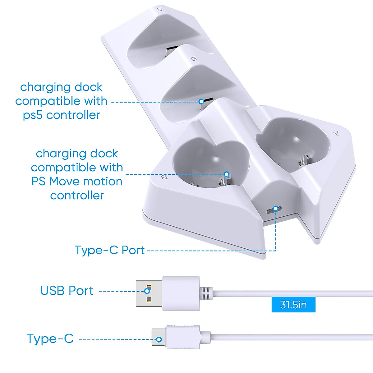 Charger Station for PS Move Motion and for PS5 Controller, 4 in 1 Charger Dock Stand USB Fast Charging Station with LED Indicator for PS Move Controller and for DualSense Controller