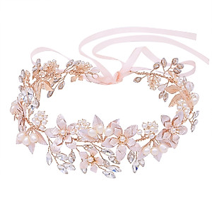 Oriamour Wedding Headband Bridal Headpiece Flower Design With Genuine Freshwater Pearls And Ribbons Hair Accessories For Bride (Rose Gold)