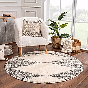 Hauteloom Berber Shag Collection - Howth Farmhouse Living Room Bedroom Round Area Rug with Tassel - Fluffy Plush High Pile Carpet - Southwestern Bohemian Tribal Style - Beige, Black - 7'10" Circle