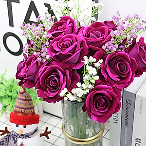 Olrla Fuchsia Artificial Rose Flower, 10 Faux Purple Roses Velvet Flower for Wedding Bouquets Home Office Garden Party Centerpiece Decoration (Purple 10)