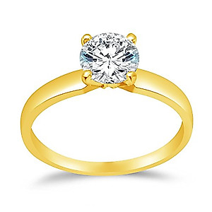 Size - 7.5 - Solid 14k Yellow Gold Round Cut Thick Band Classic Solitaire Wedding Engagement Ring CZ Cubic Zirconia 1.0ct.