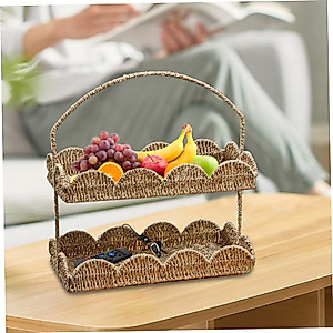 Seagrass Baskets 2 Layers Scalloped Basket Tray with Handle Rustic Decorative Woven Basket with Scalloped Edge Coffee Table Basket Organizer for Home Bedroom Living Room Organizing 15.6x7.9x9.8 Inch