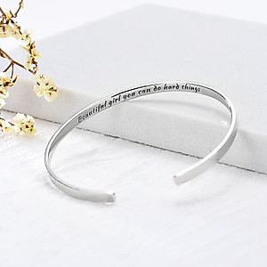 PDTJMTG Personalized Bracelet for Women Sterling Silver Custom Text Bangle (Silver (White gold plated copper))