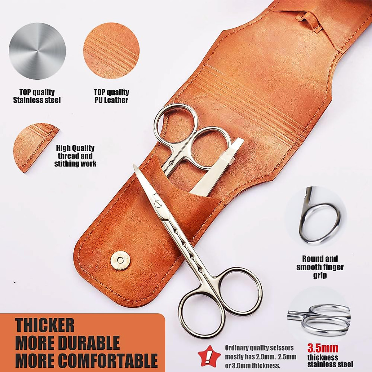 HANTEKAS Professional Stainless Steel Curved Rounded Facial Hair Scissors Tweezers Set For Men Moustache, Nose Hair, Beard Trimming Scissors,Safety Use for Eyebrows,Eyelashes,Ear Hair - PU Leather Bag