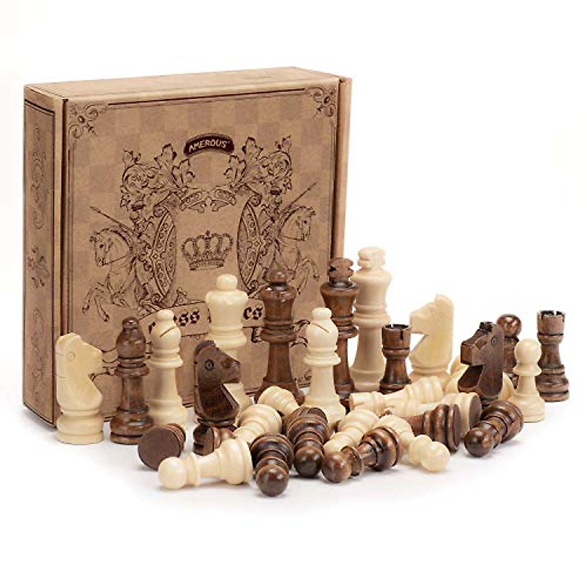 AMEROUS Wooden Chess Pieces Only, Staunton Style Wood Chessmen with 3.15" King - Storage Bag - Gift Packed Box, Tournament Chess Game Pawns for Replacement of Missing Pieces