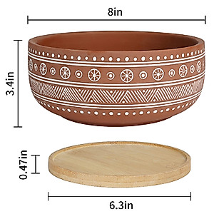 Thirtypot 8 Inch Terracotta Succulent Planter Pot with Drainage Hole and Bamboo Tray, Round Shallow Bonsai Pot for Indoor Plants