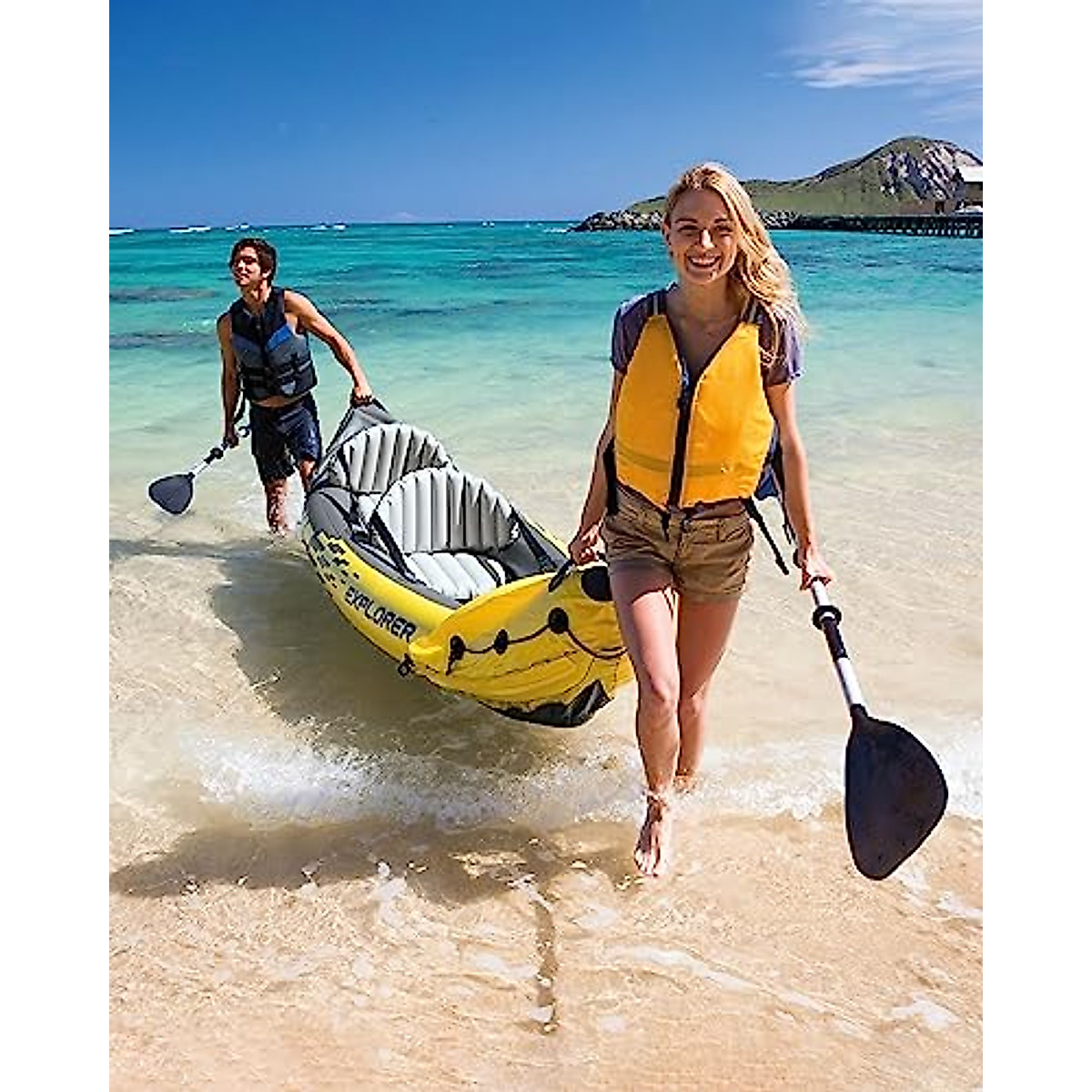 INTEX 68307EP Explorer K2 Inflatable Kayak Set: Includes Deluxe 86in Aluminum Oars and High-Output Pump – SuperStrong PVC – Adjustable Seats with Backrest – 2-Person – 400lb Weight Capacity