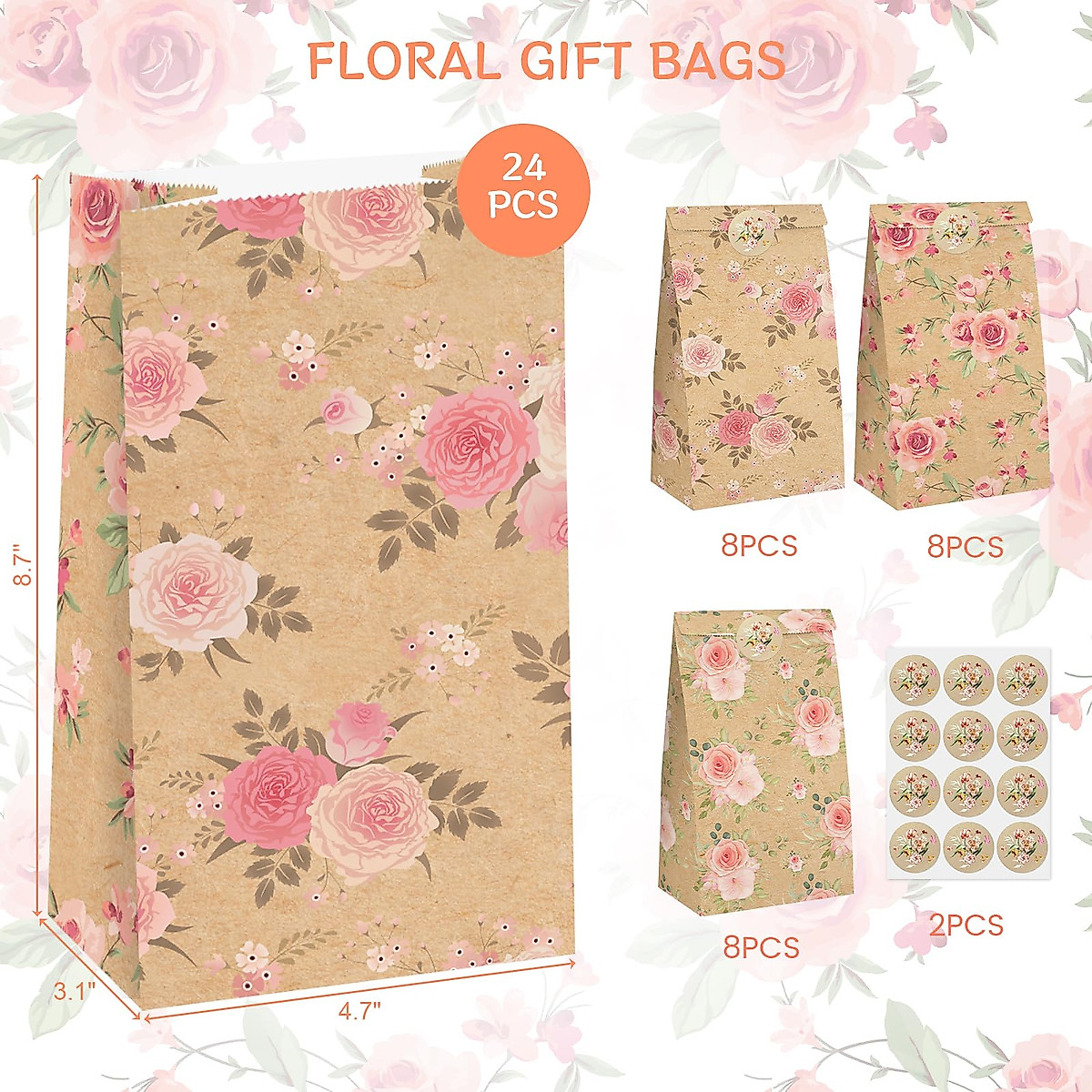 VGOODALL 24PCS Floral Gift Bags, Kraft Paper Treat Bags Party Favor Bags Lunch Bags with Stickers for Weddings Birthday Baby Shower Party Supplies