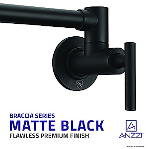 Braccia Series 24" Wall Mounted Pot Filler in Matte Black | 24” Reach Spout Solid Brass Two Handle Dual Shut-Off Valve Double Joint Swing Arm Wall Mount Kitchen Folding Faucet | KF-AZ258BKM