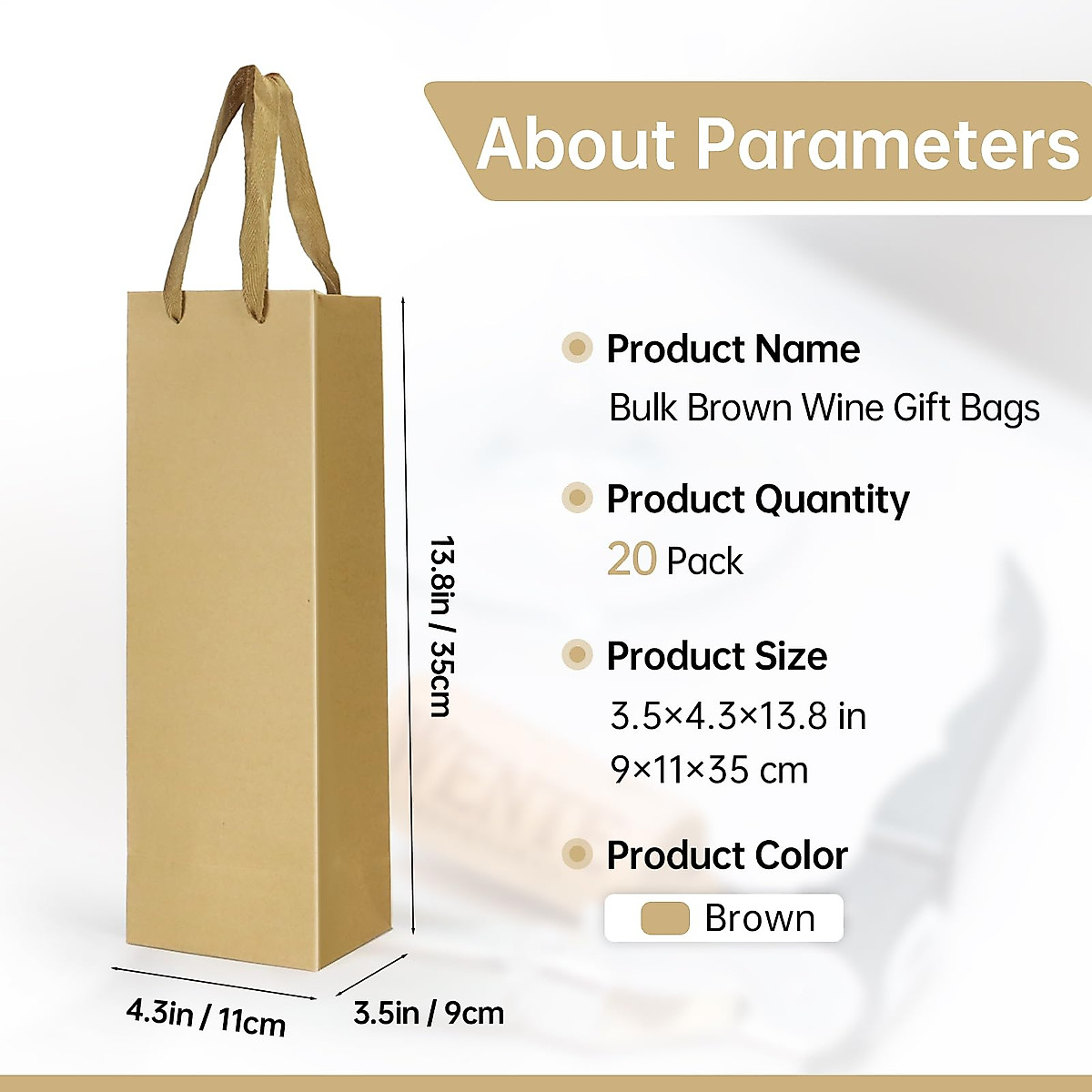 CZWESTC 20 Pack Kraft Paper Wine Bags with Handles Brown Wine Bottle Bags BulkWine Gift Bags Shopping Bags Party Bags Retails Bags Whiskey Champagne Bottles Bags-3.5×4.3×13.8 in